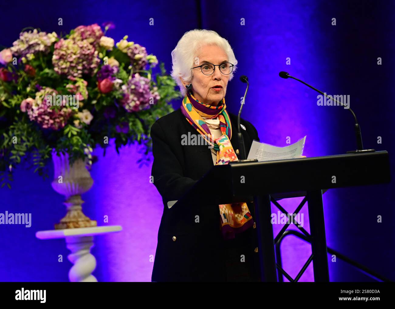 LONDON, UK. 20th Jan, 2025. Speaker Eva Clarke BEM at the Holocaust ...