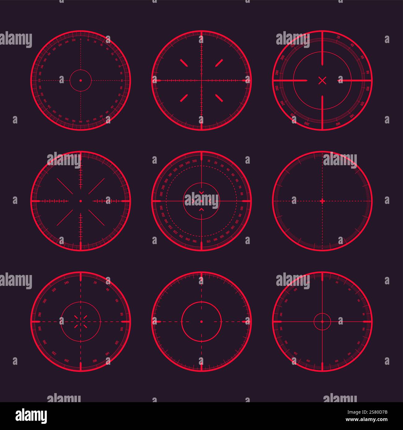 Various sniper rifle sights with degree scale, weapon optical scope ...