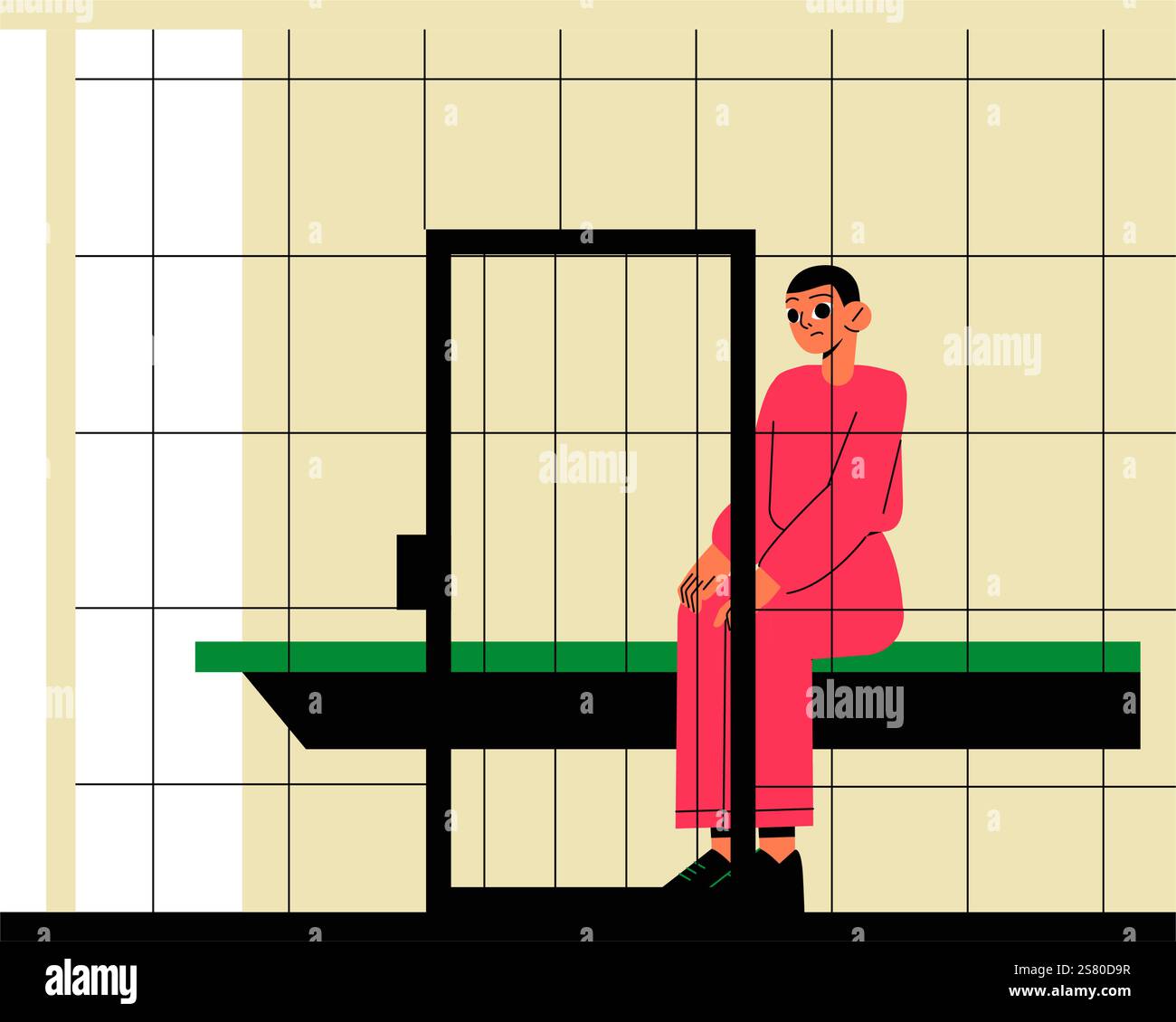 Male Prisoner Sitting On A Bench In Jail Cell In Flat Vector ...
