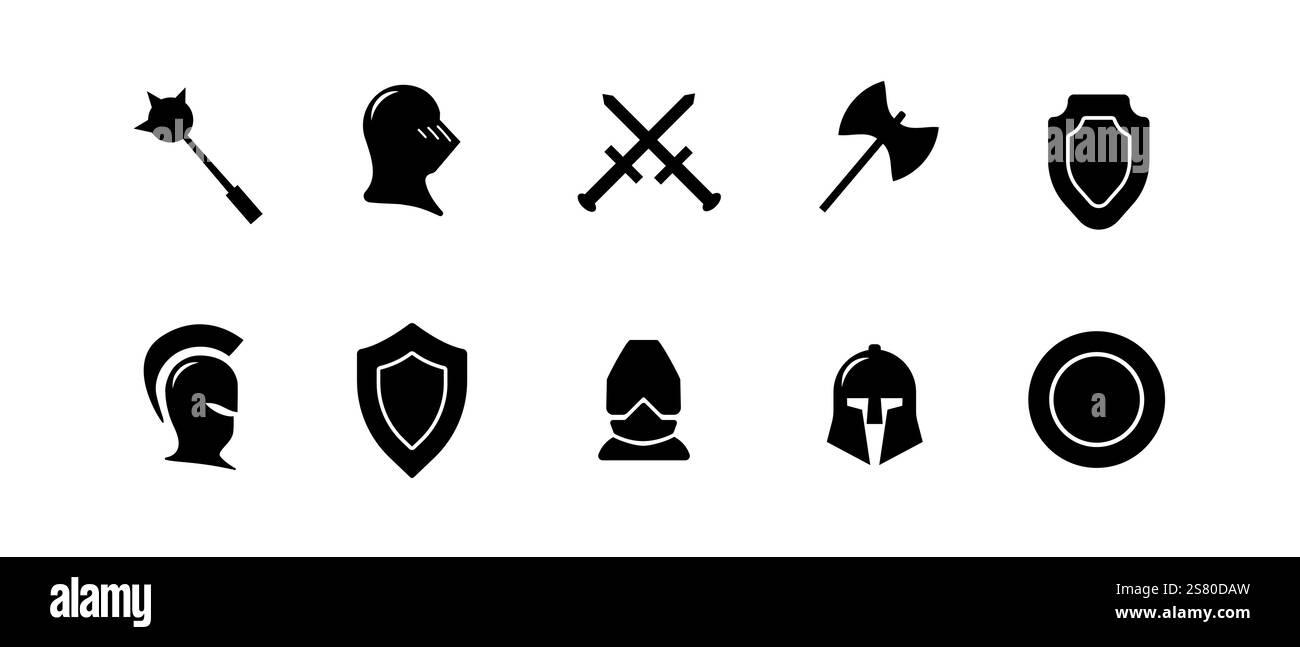 Black icon set with swords and helmets for antique and medieval ...