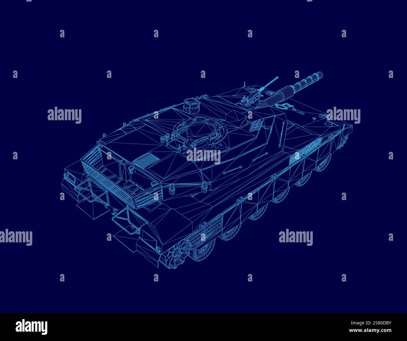 Blue tank is displayed on a blue background. The tank is a military ...