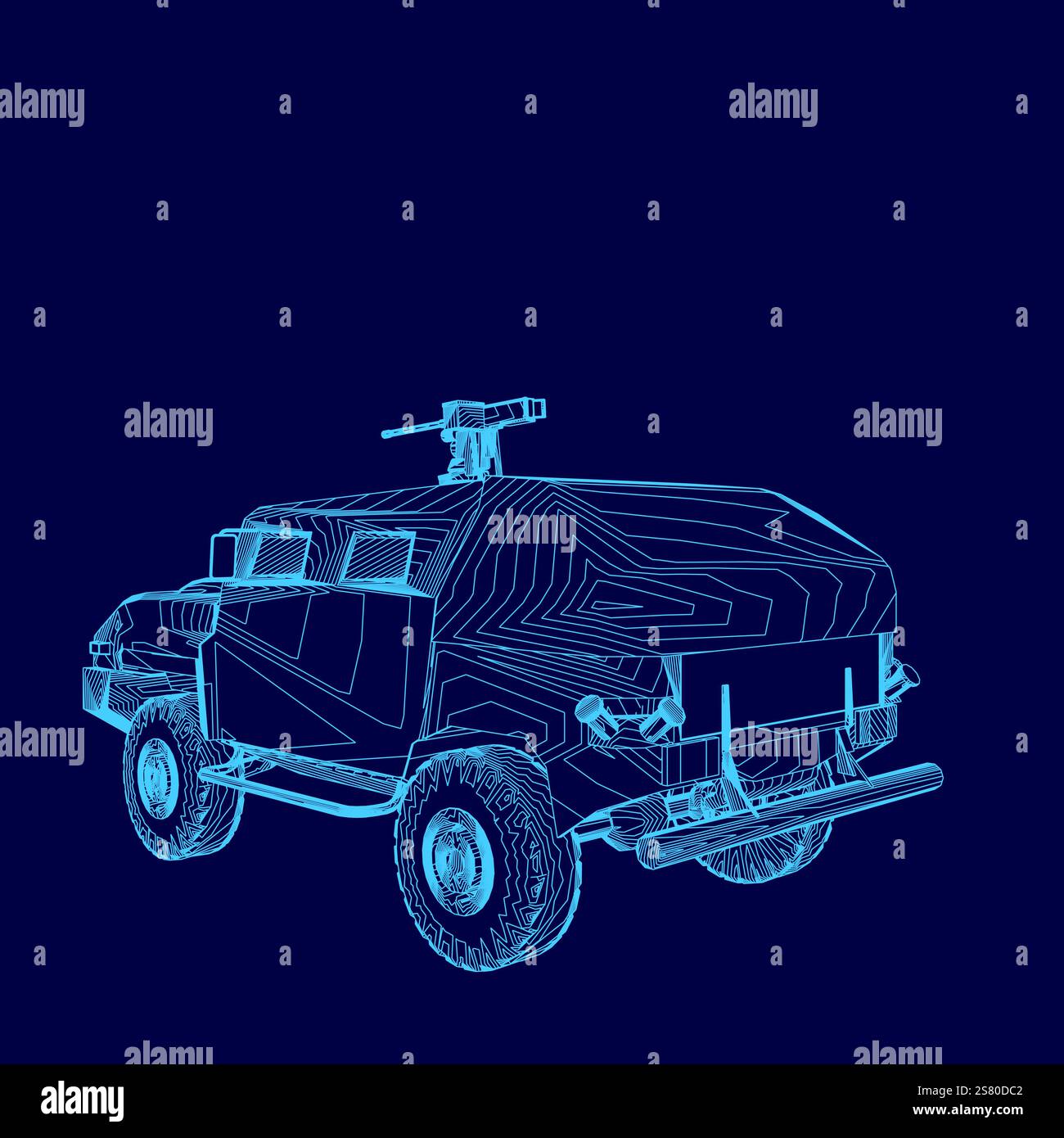 Blue car with a gun on top of it. The car is a military vehicle. The ...