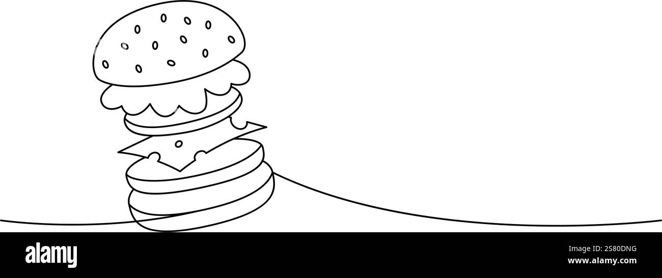 Burger with flying ingredients one line continuous drawing. Traditional ...