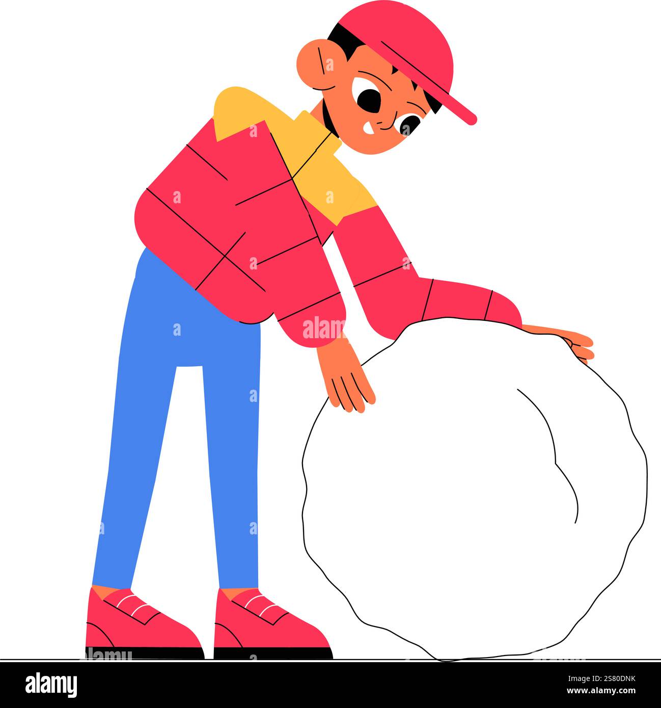 Boy Rolling A Snowball In Flat Vector Illustration Symbolizing Winter ...