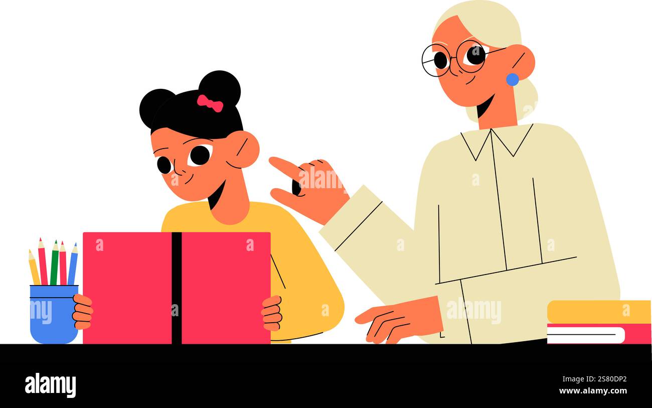 Female Teacher Helping A Student With Homework At A Desk In Flat Vector ...