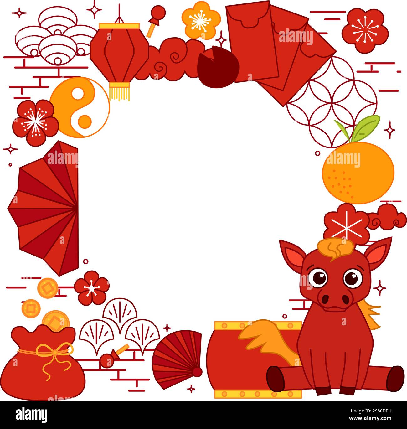Happy Chinese new year of horse circle round frame. Vector graphic line ...