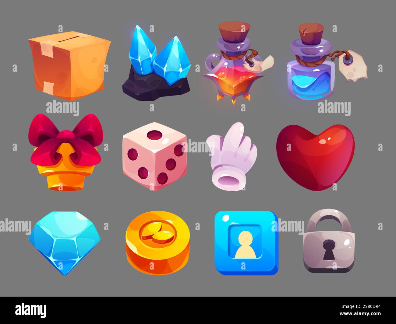 Game icon set - cardboard box, crystals and magic potions, gift with ...
