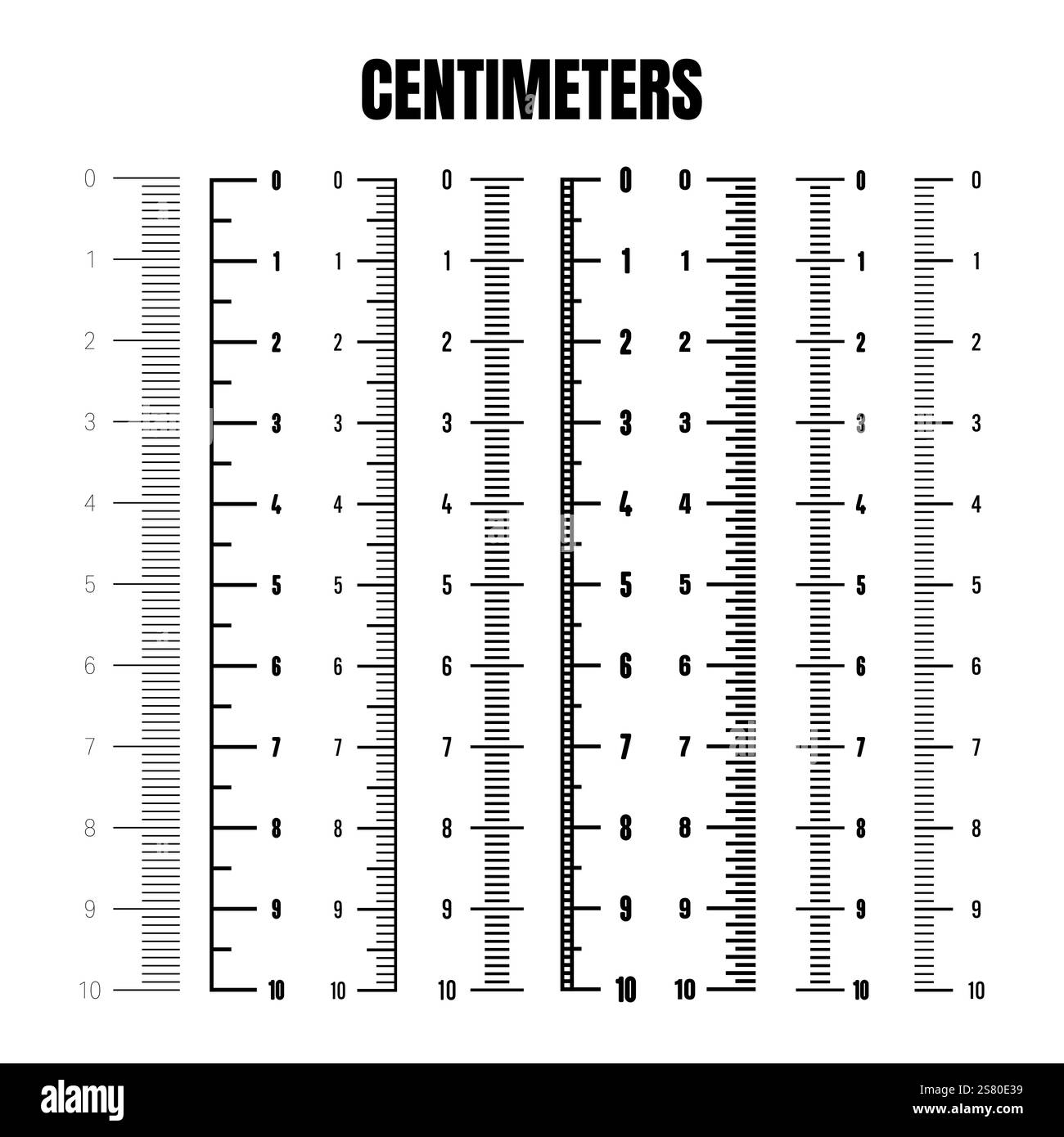 Vertical centimeter scale for measuring length or height. Various ...
