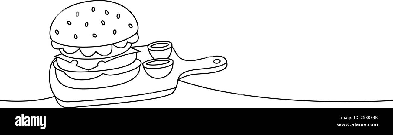 Burger on wooden board one line continuous drawing. Traditional ...