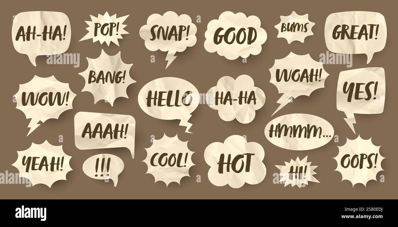 Crumpled brown paper comic speech bubbles. Hand drawn retro cartoon ...