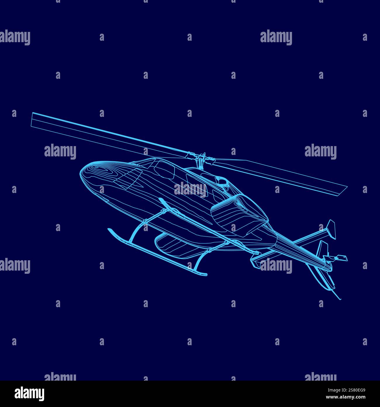 Blue helicopter is flying in the sky. The image is a stylized drawing ...