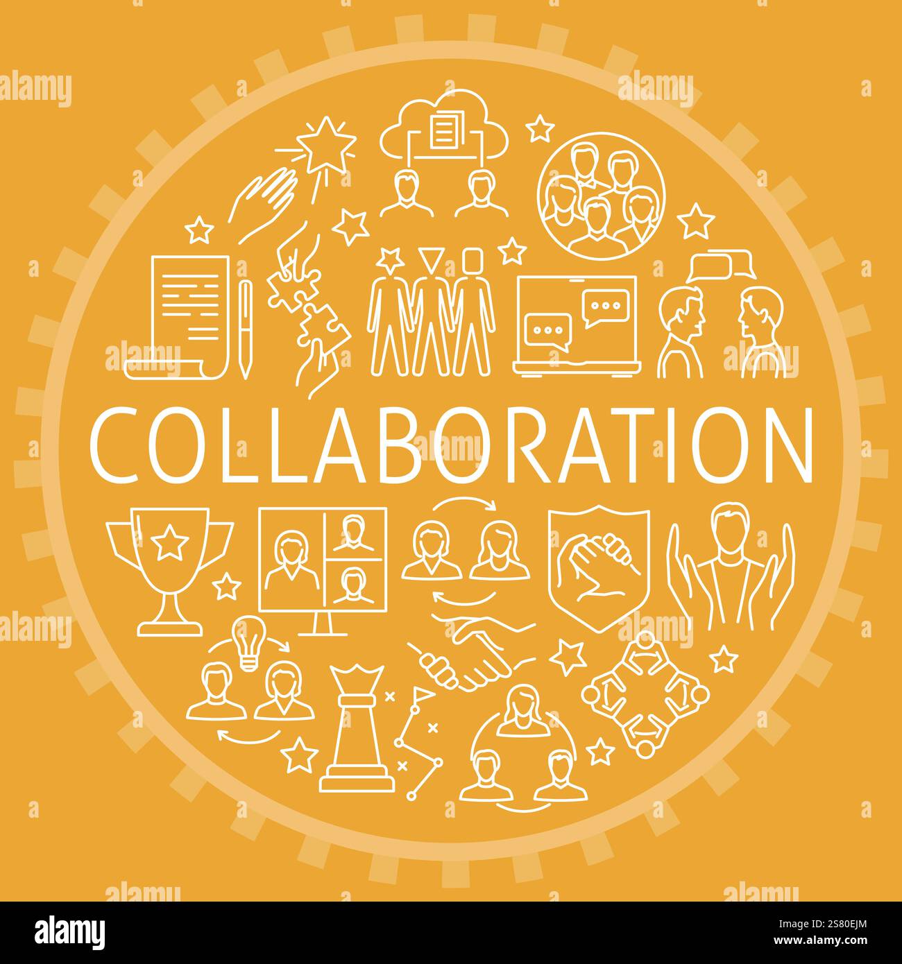 Collaboration round banner in line style. Teamwork and support symbols ...