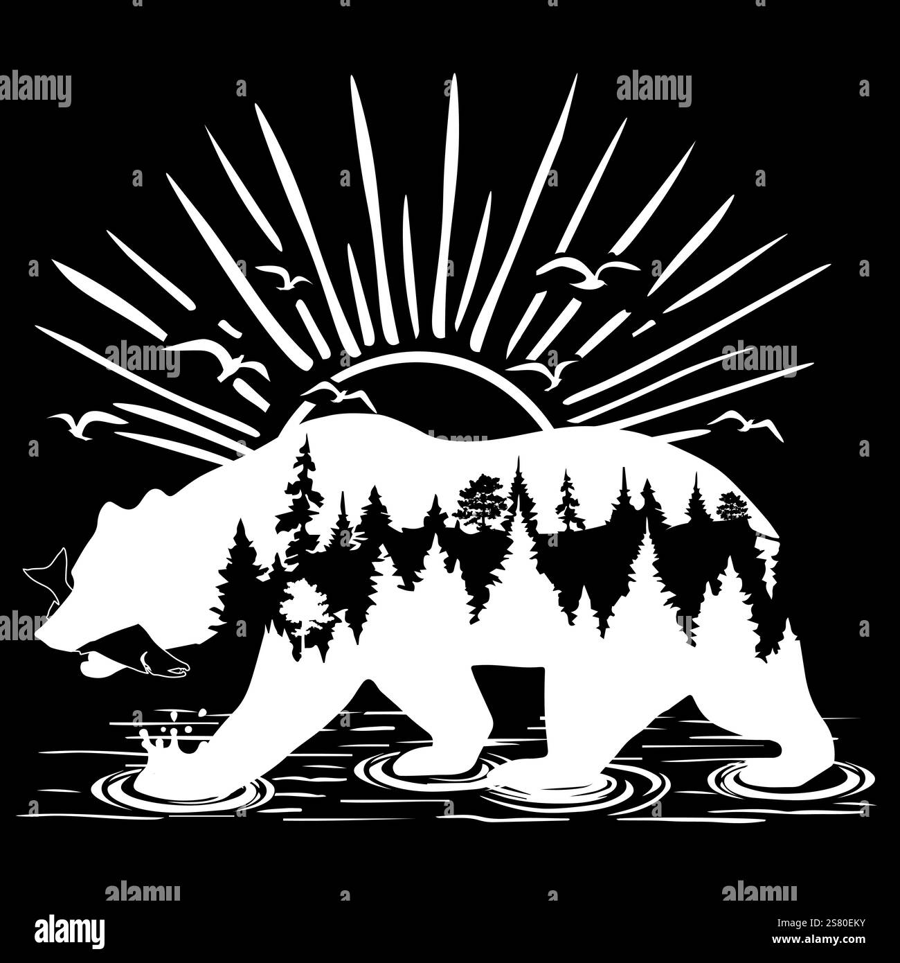 Abstract bear with a forest inside and a fish in its teeth walks ...