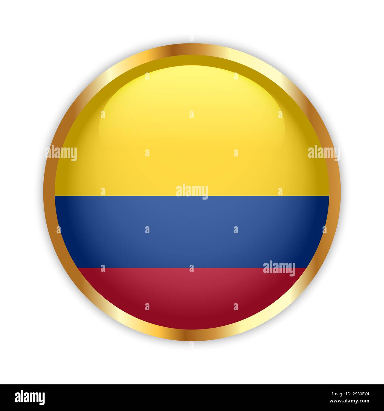 Colombia national flag button with golden frame. Colombia round badge icon. Vector illustration ...