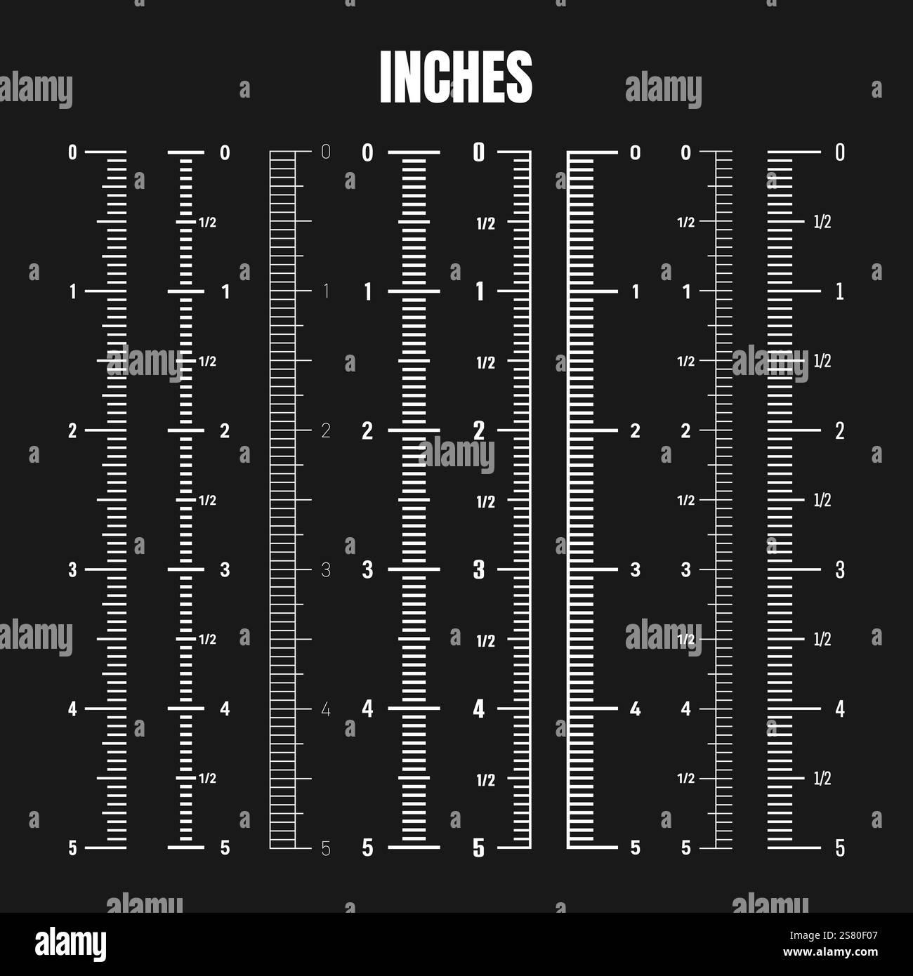 Vertical inch scale for measuring length or height. Various measurement ...