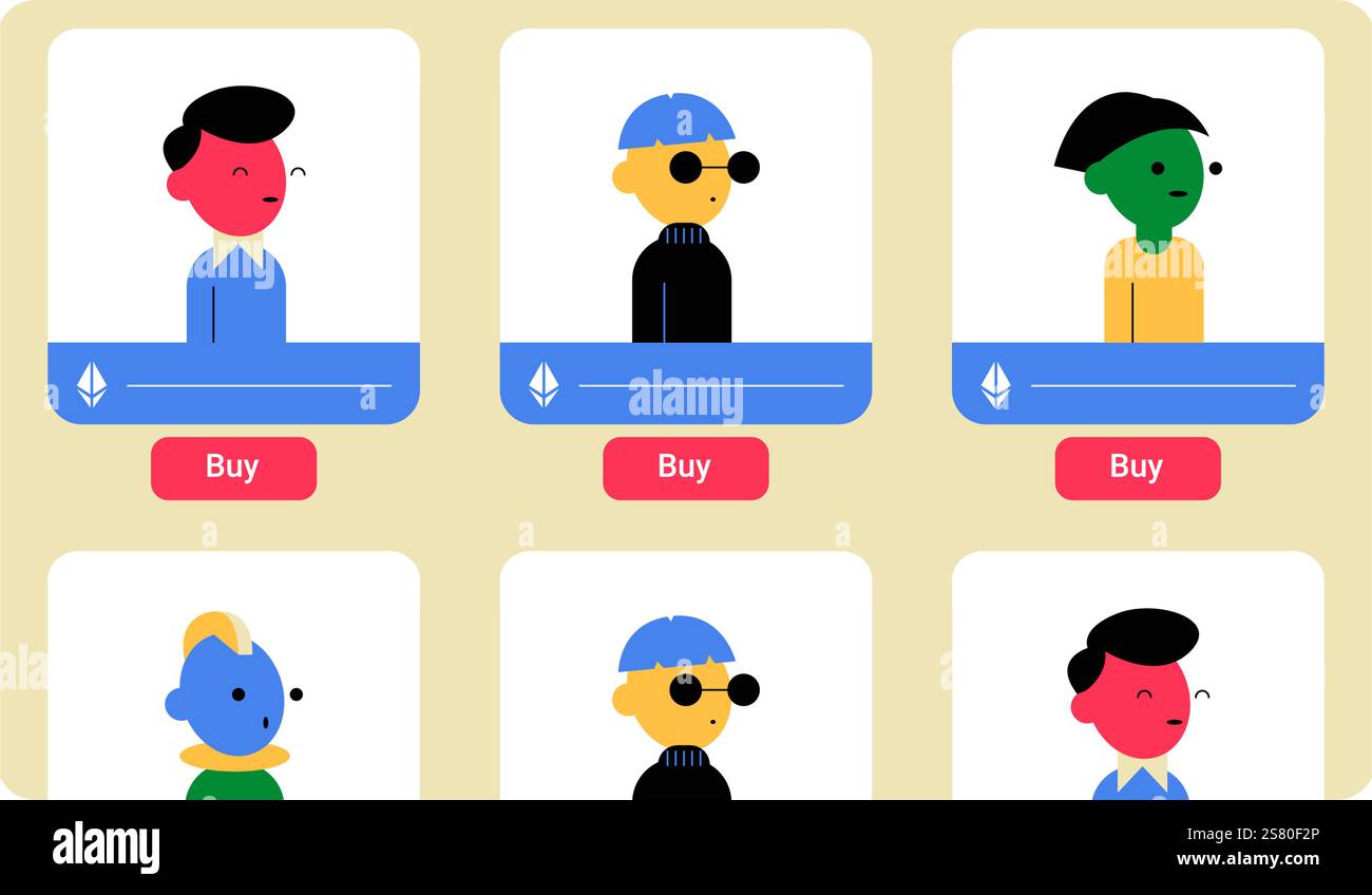 NFT Avatars Displayed In Digital Marketplace In Flat Vector ...