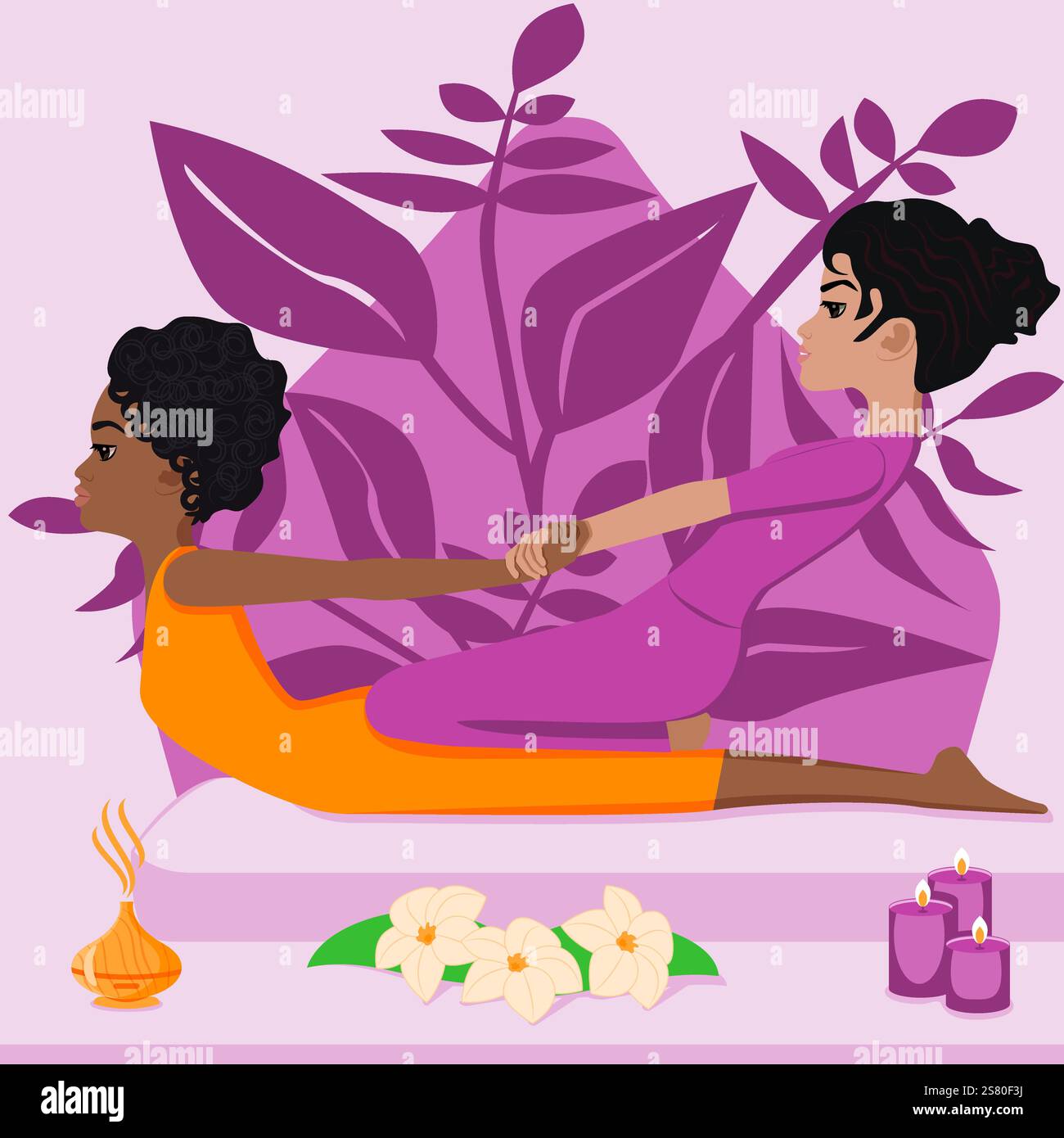 Thai massage. Therapy and treatment by professional therapist in SPA. Isolated flat vector ...