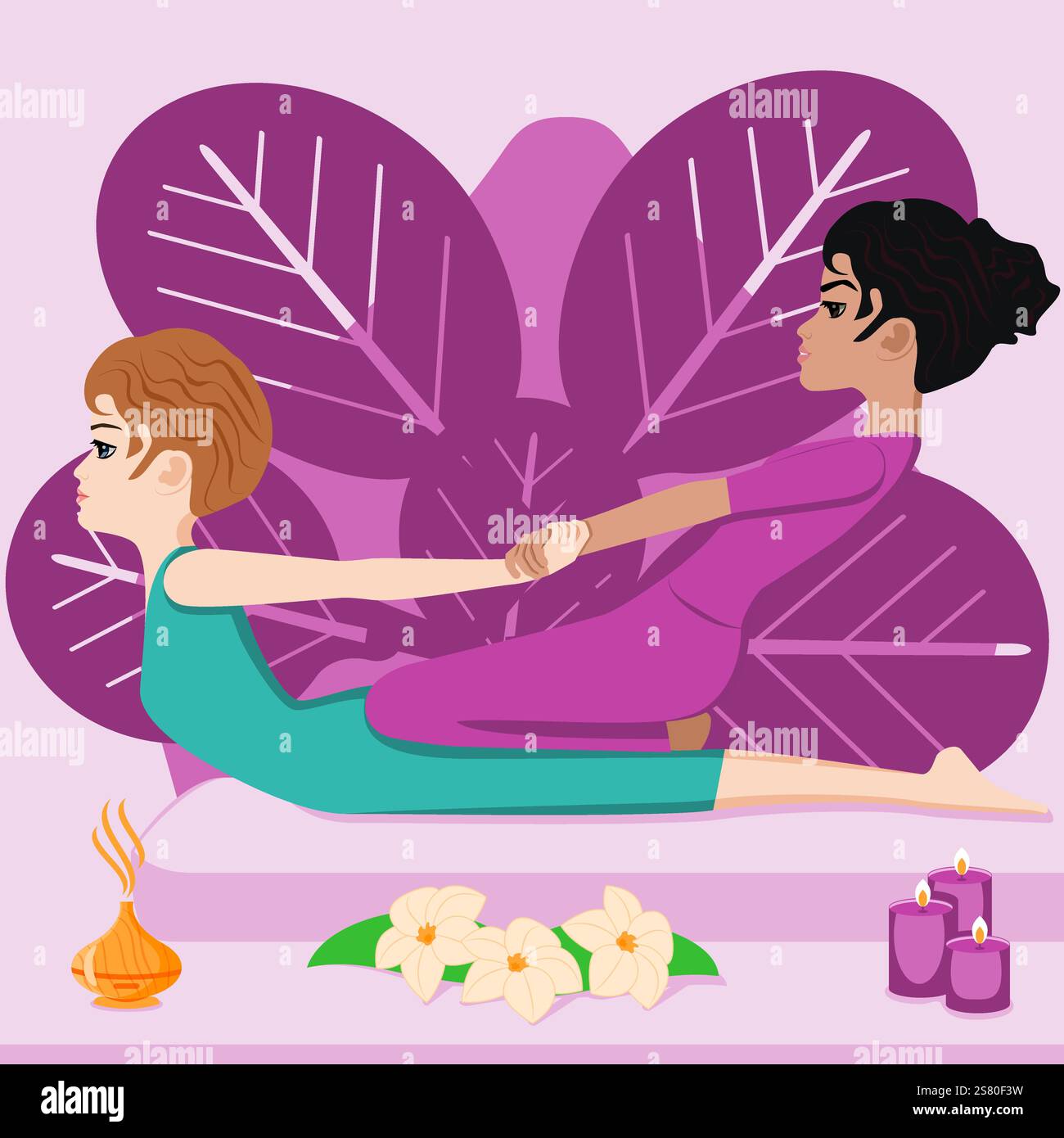 Thai massage. Therapy and treatment by professional therapist in SPA. Isolated flat vector ...