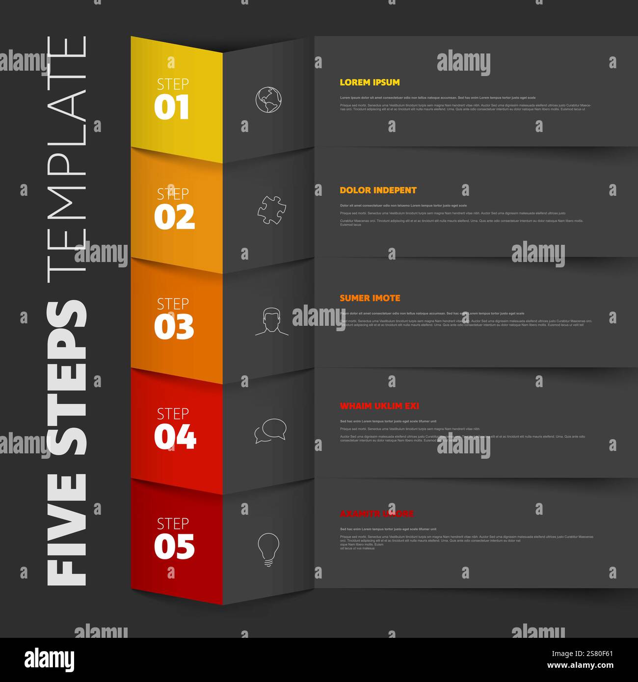 Five dark steps progress process infographic layout template with big ...