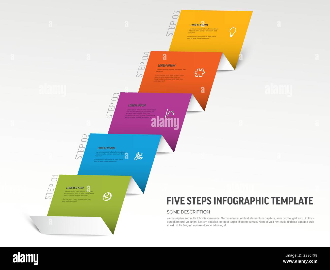 Five-step infographic template from folded paper displays sequential ...