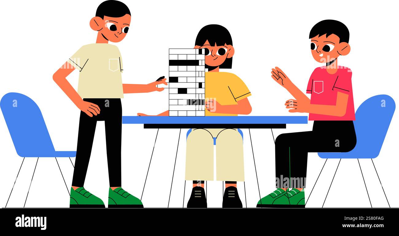 Children Playing A Board Game Together At A Table In Flat Vector ...