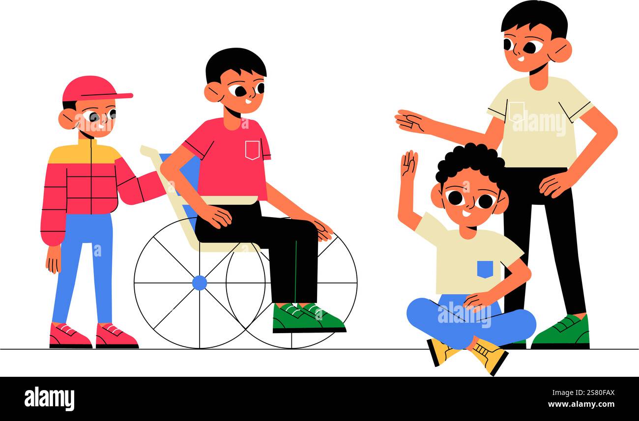 Group Of Children With Wheelchair User Interacting Outdoors In Flat ...
