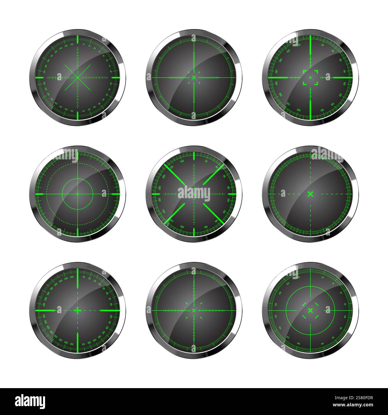 Chrome weapon night sights, sniper rifle optical scopes. Hunting gun ...