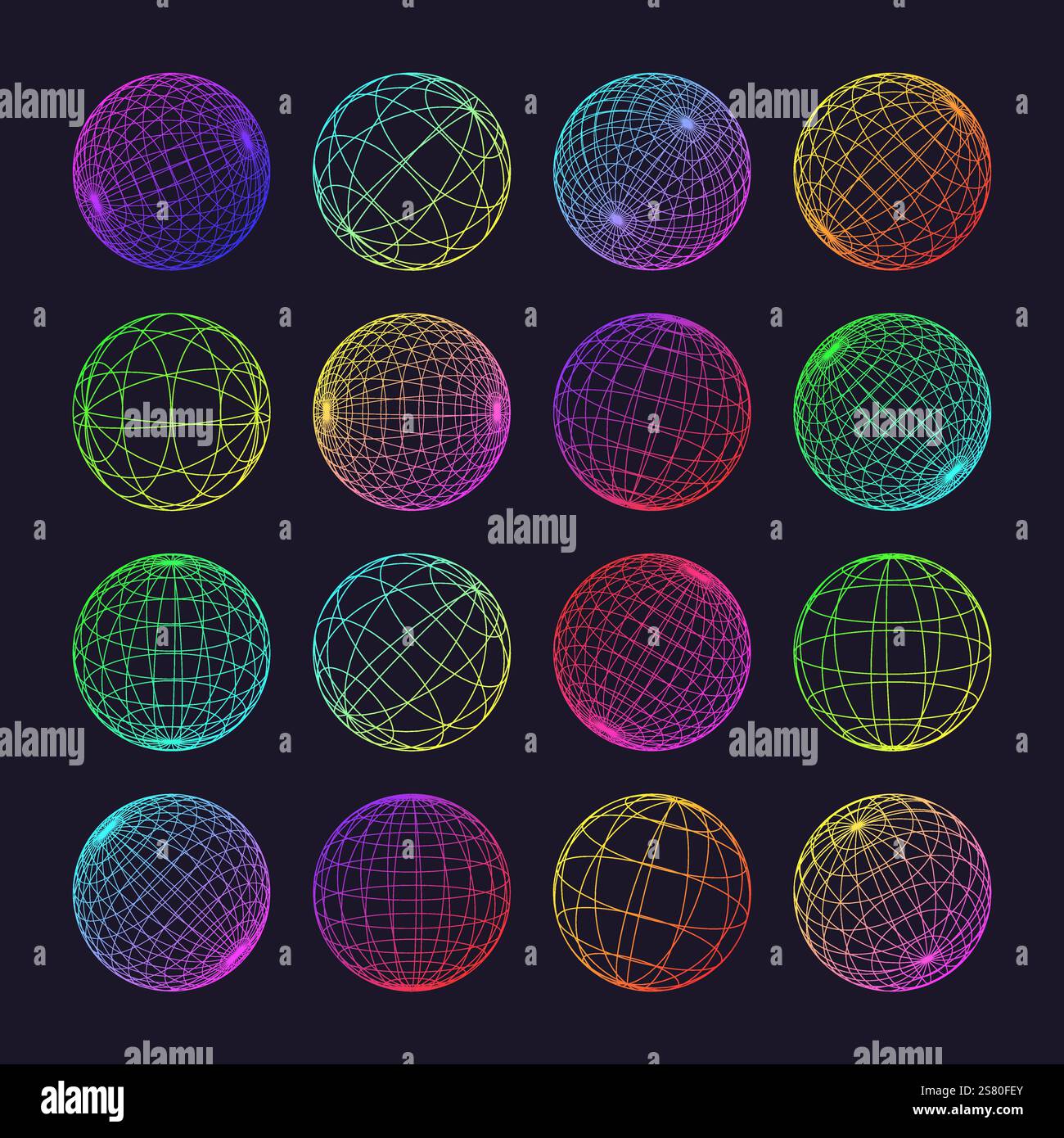 Neon wireframe shapes, lined sphere. Perspective mesh, 3d grid. Low ...