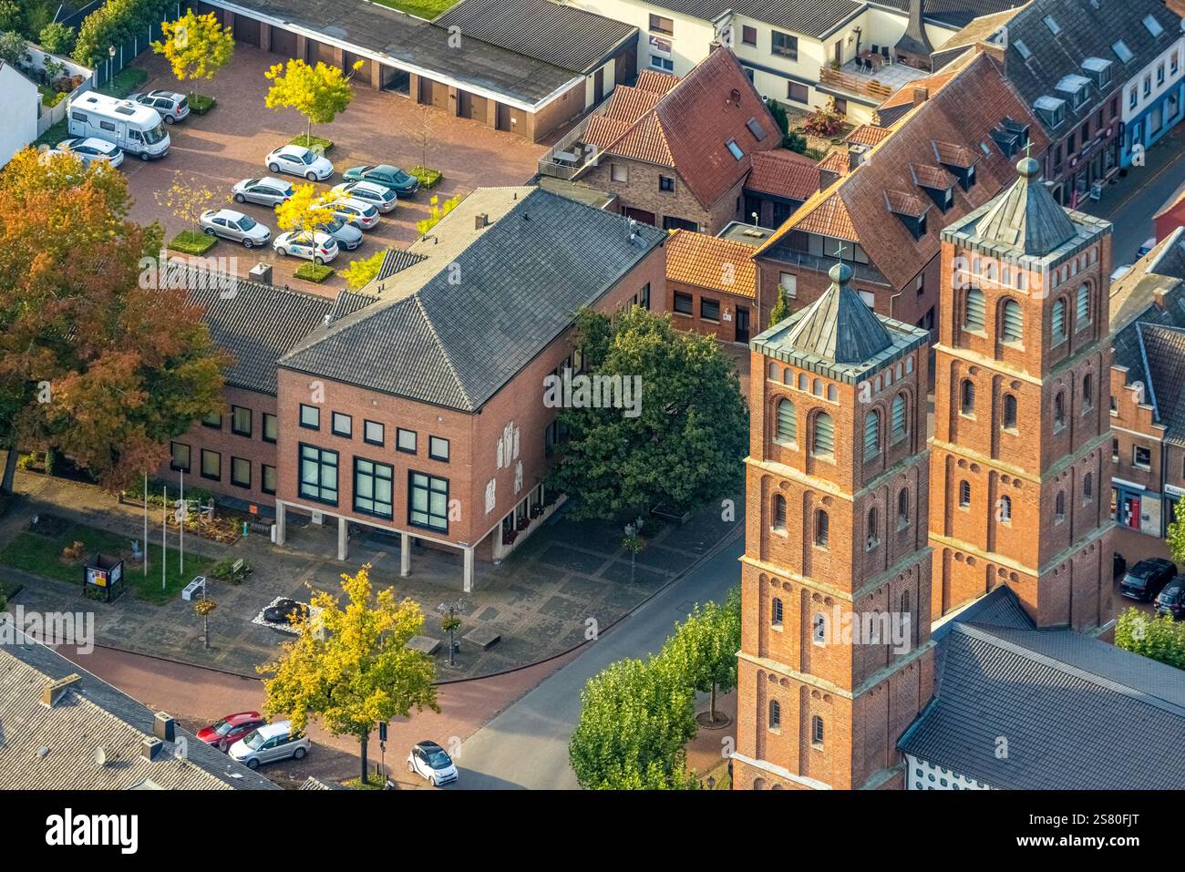 Aerial view, town hall and Roman Catholic parish church of St ...