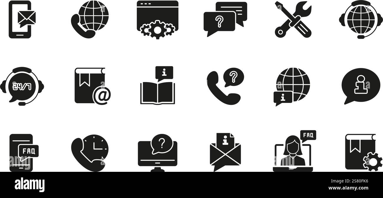 Customer Support Tools Silhouette Icon Set. Global Communication, FAQ ...