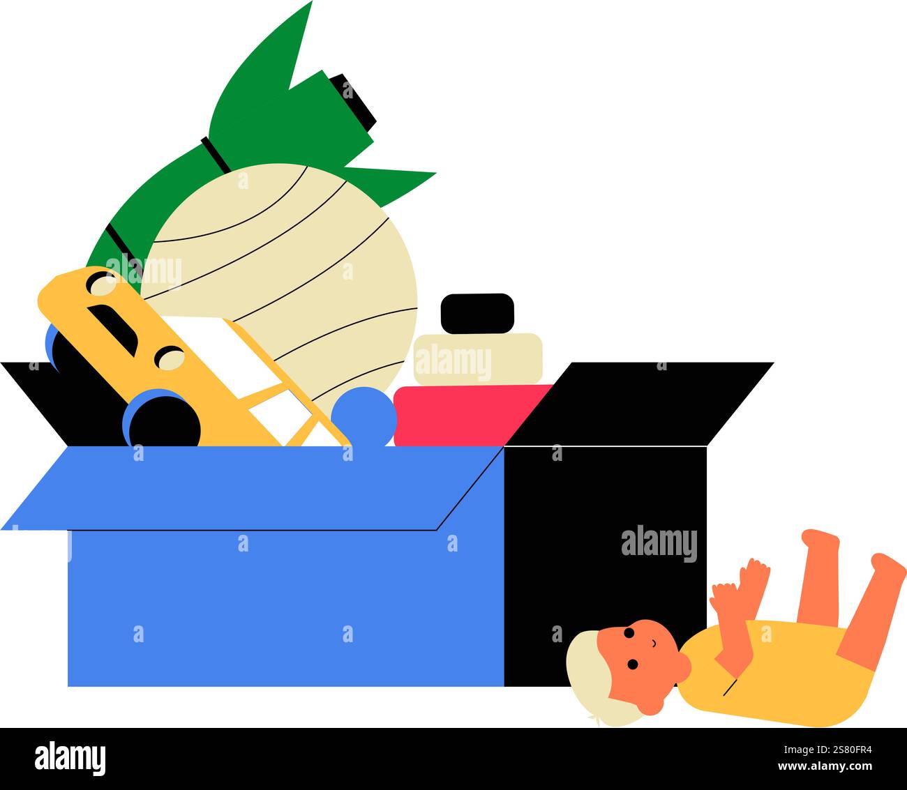 Open Box With Toys And Household Items In Flat Vector Illustration ...