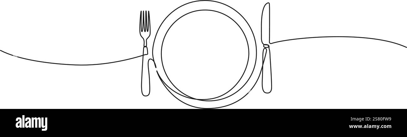 continuous line drawing of fork and knife with plate, line art vector ...