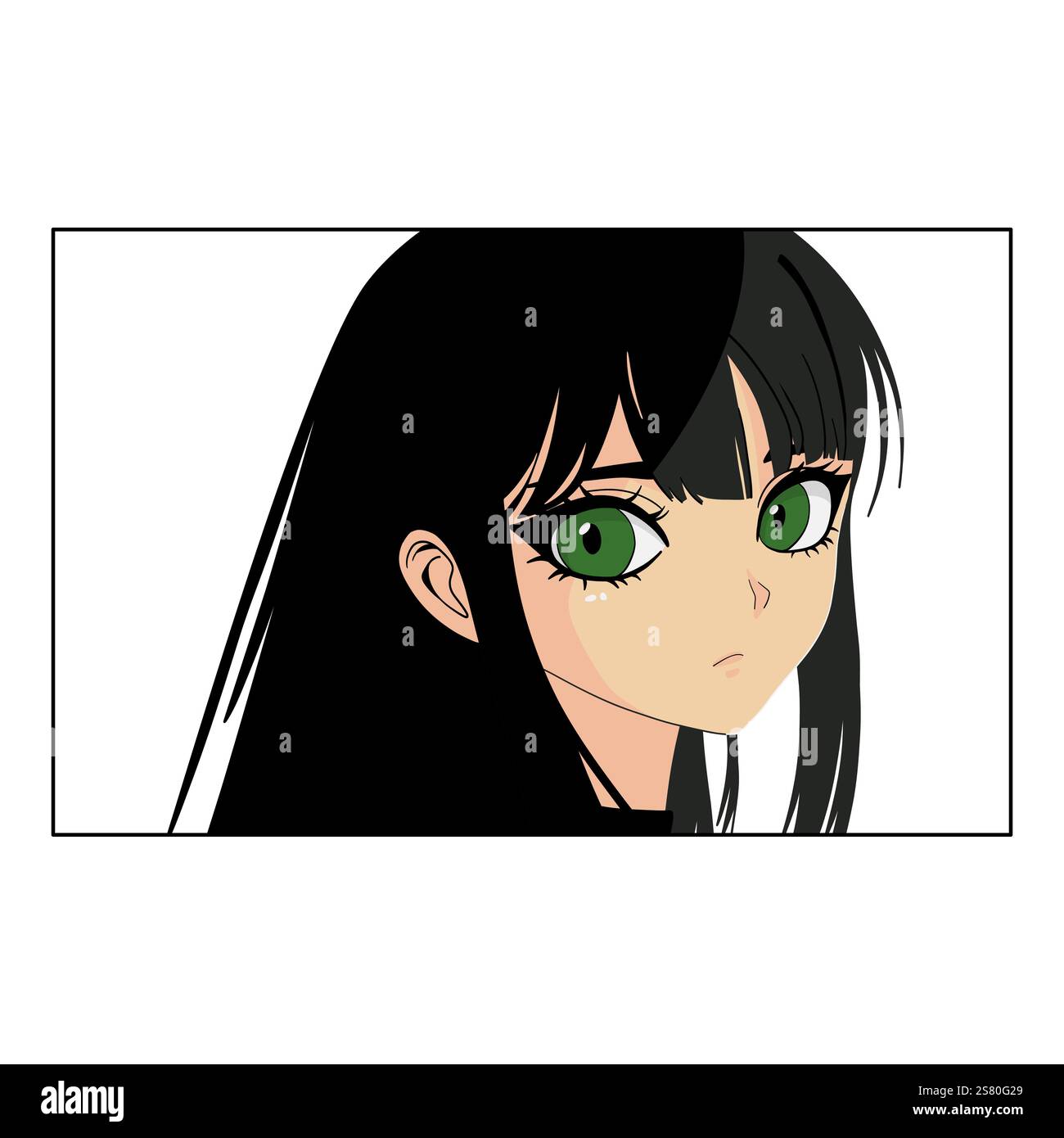 Manga girl face. Cute anime young woman portrait with big eyes, kawaii ...