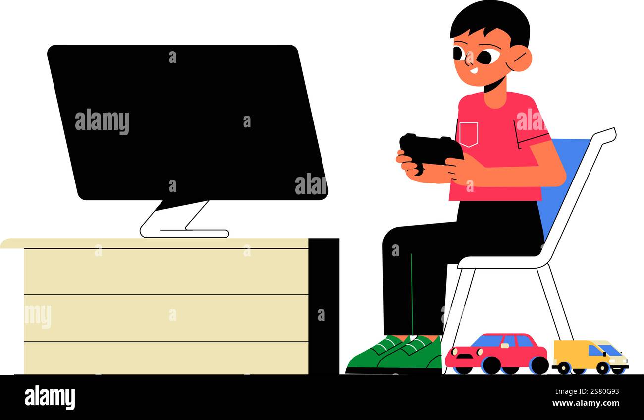 Boy Playing Video Games On Monitor In Flat Vector Illustration ...