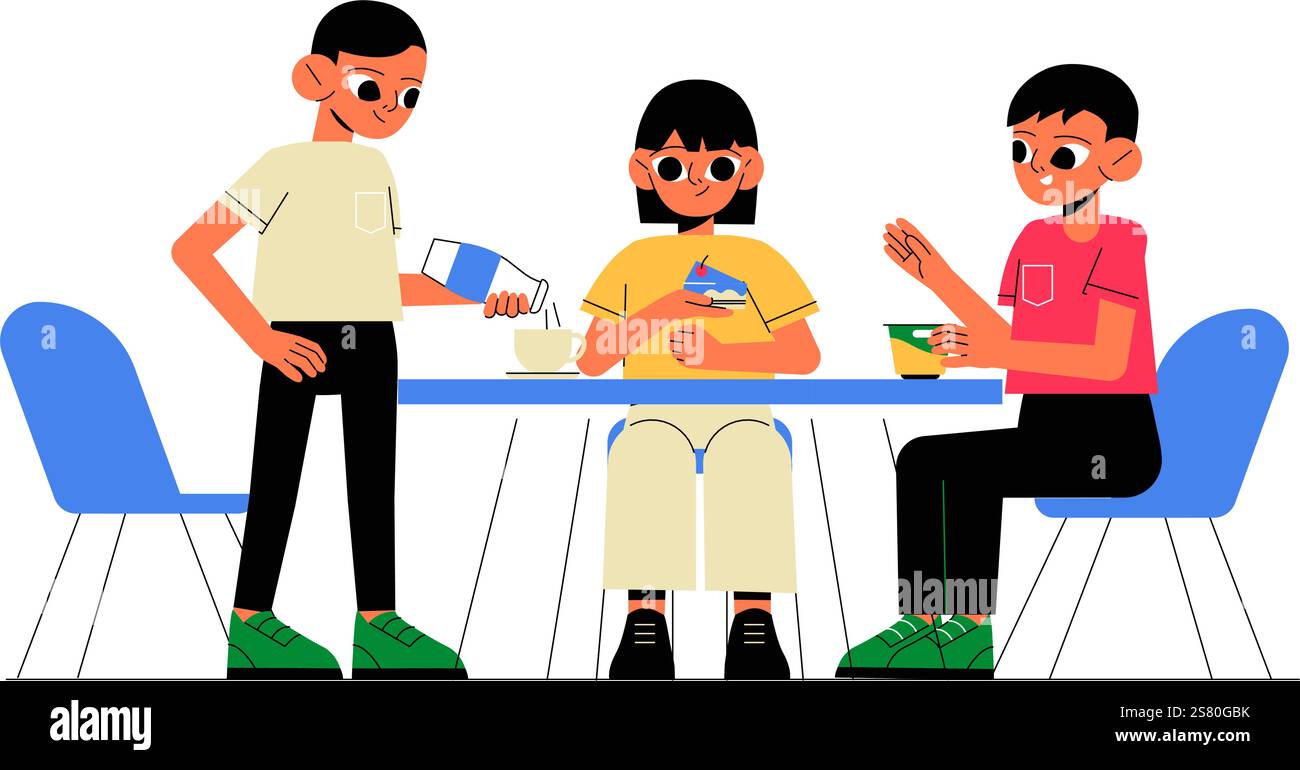 Kids Having Breakfast Together In Flat Vector Illustration Symbolizing Family Bonding, Nutrition ...
