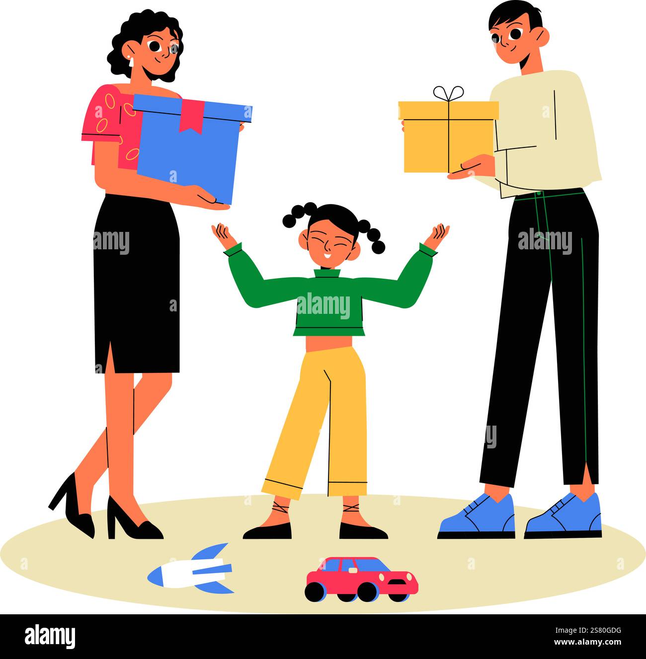 Family Giving Gifts To Daughter In Flat Vector Illustration Symbolizing ...