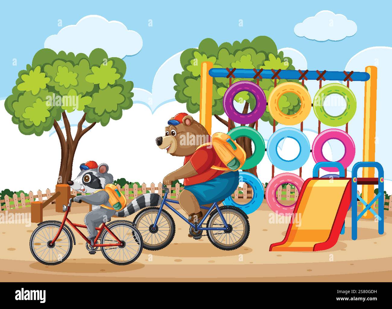 Raccoon and bear riding bikes in a playground Stock Vector Image & Art ...