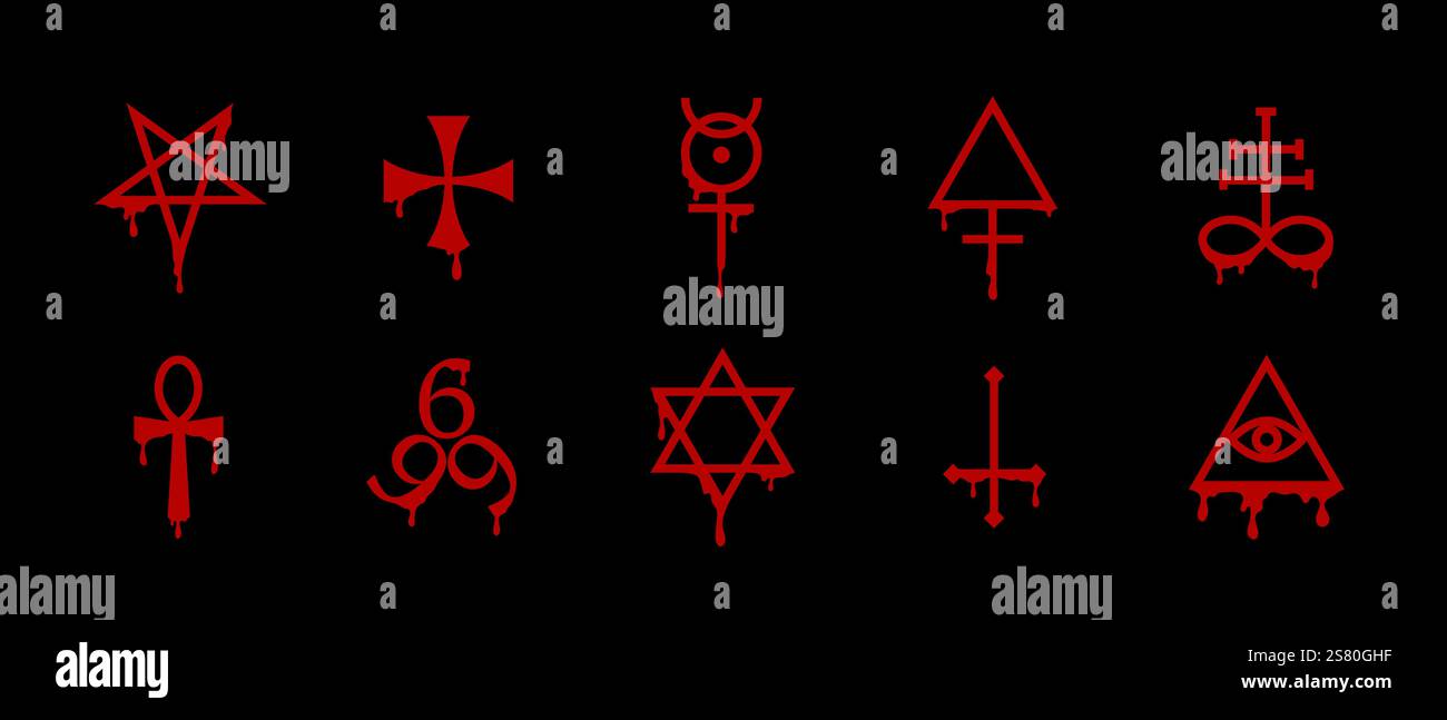 A linear red and black pentagram logo with occult symbols, symbolizing ...