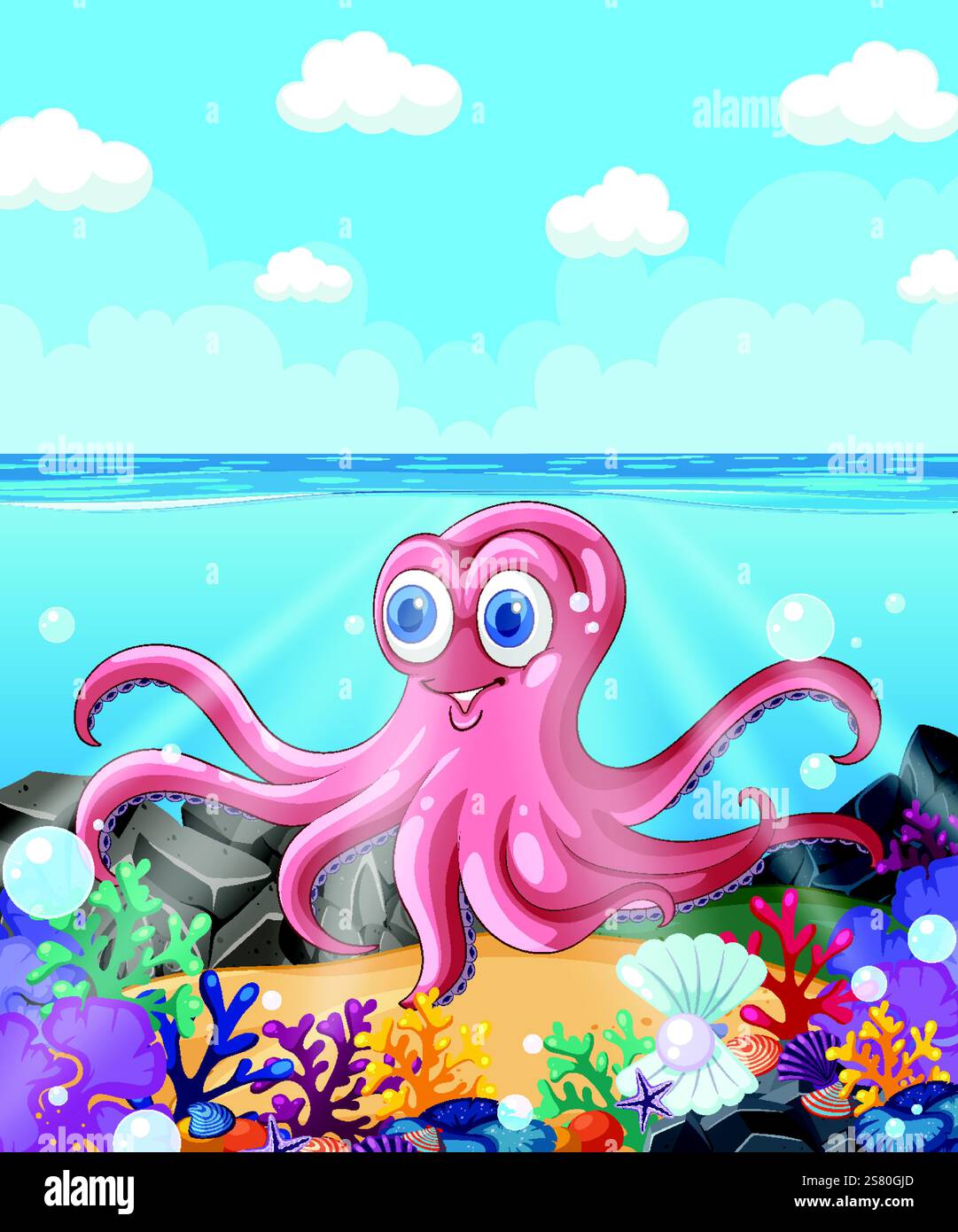 Happy octopus surrounded by colorful underwater scenery Stock Vector ...