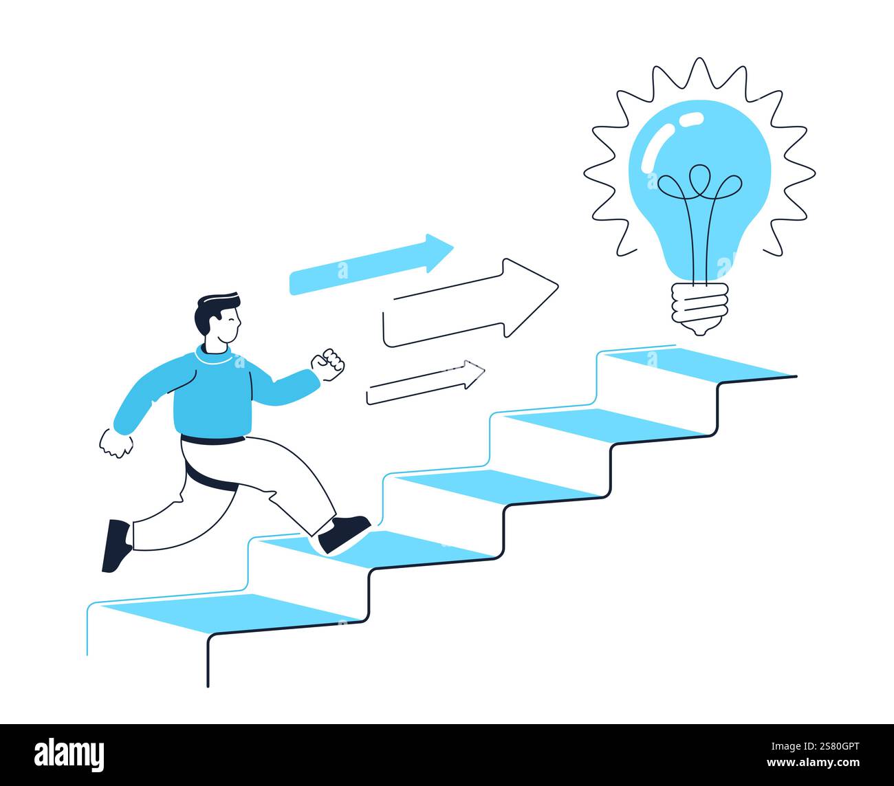 Successful ambitious man runs to light bulb, idea. Businessman runs up ...