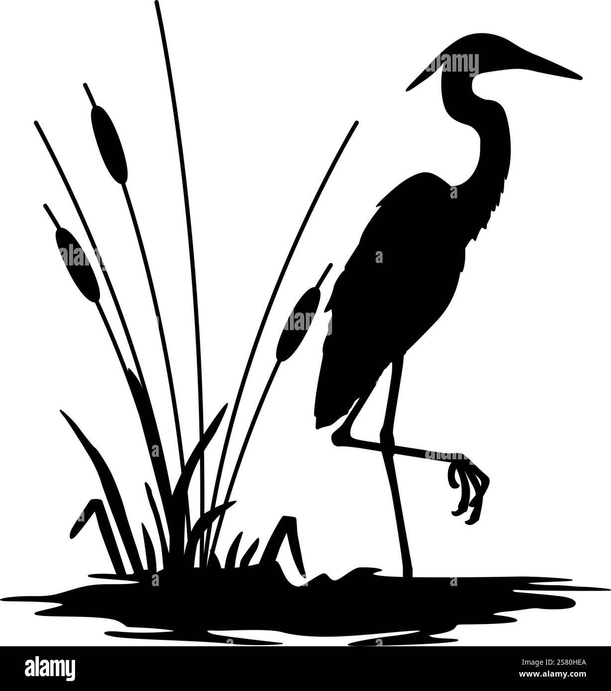 Heron and Cattails Marsh Digital EPS Vector File | High-Quality Nature ...