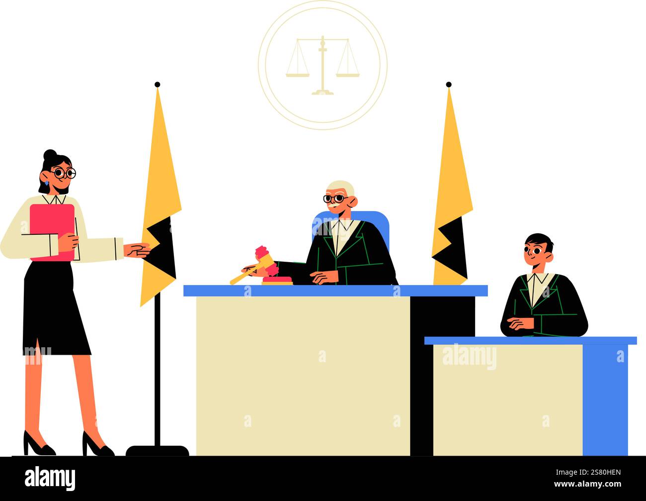 Female Lawyer Presenting Case To Judges In Flat Vector Illustration ...