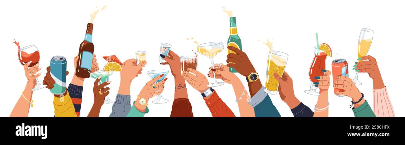 Diverse people hands holding alcohol drinks flat color vector ...
