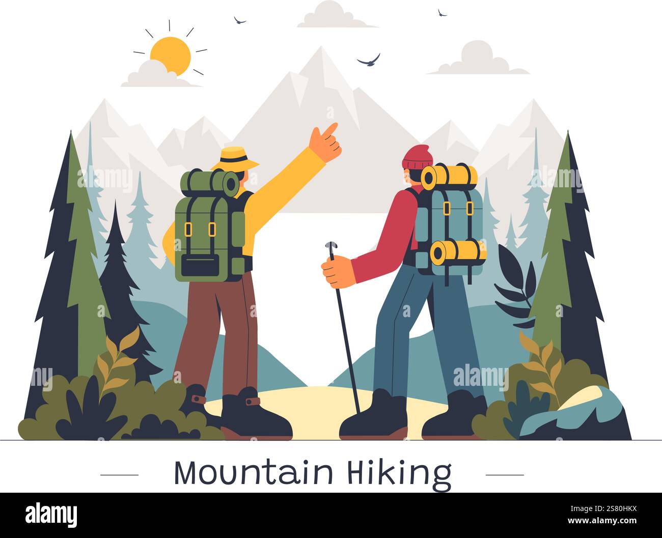 Mountain Hiking Vector Illustration featuring People with Backpacks and Walking Poles Trekking ...