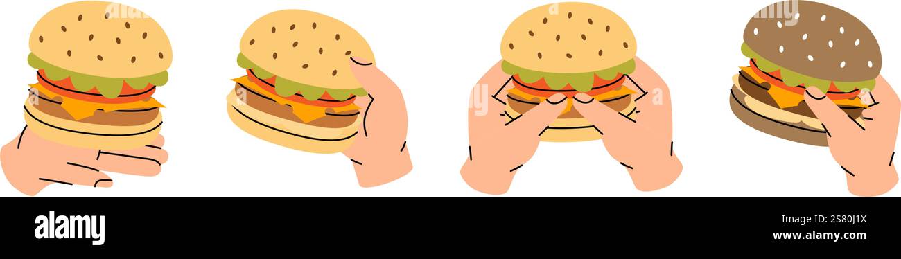 Hands holding a burgers. Traditional American fast food. Takeaway snack ...
