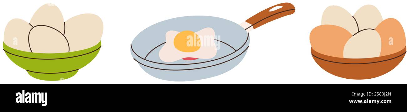 Set of chicken eggs. Organic farm product. Fresh and boiled eggs. Vector illustration Stock ...