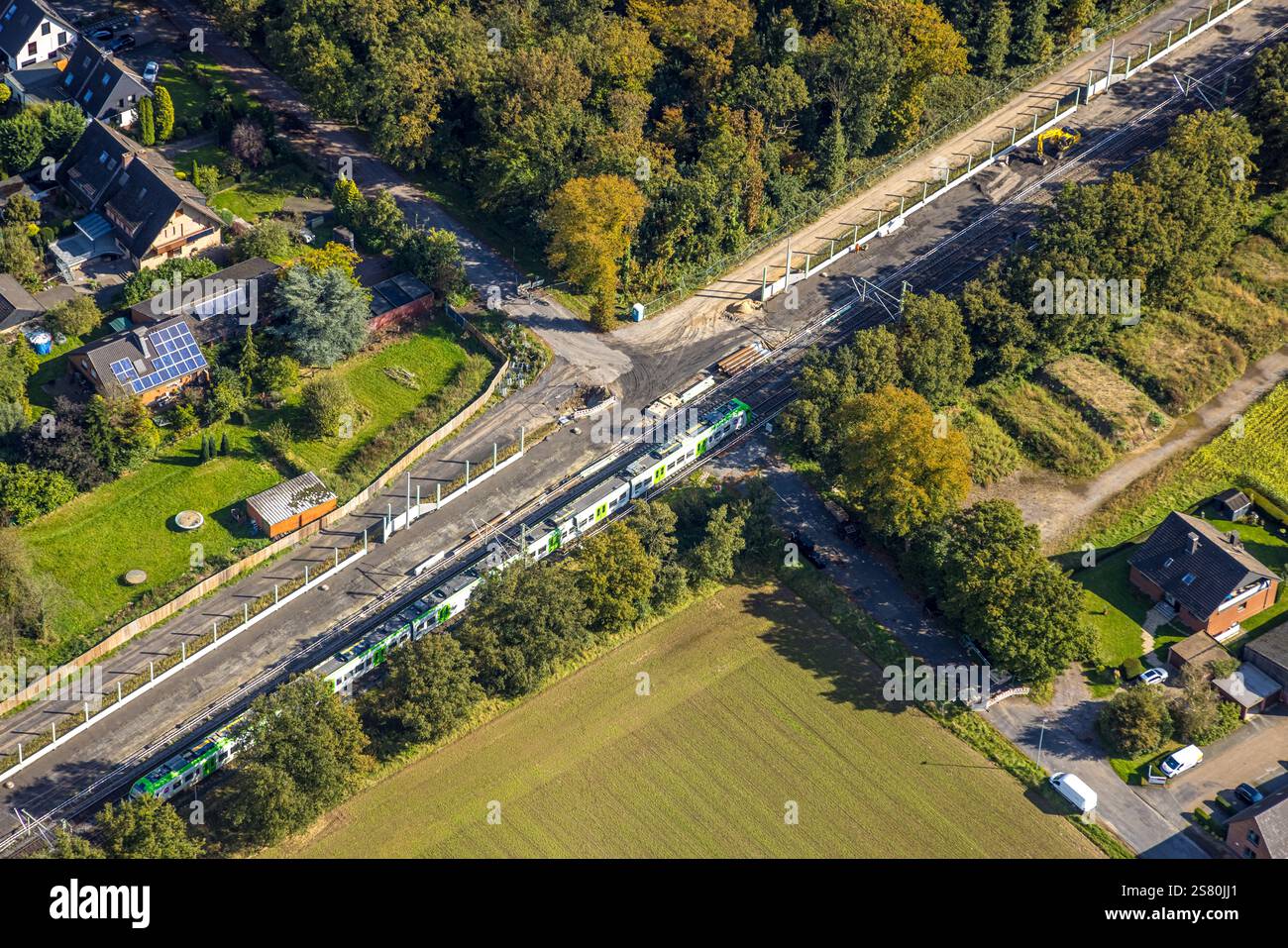 Aerial view, construction site with noise barrier, S-Bahn ...
