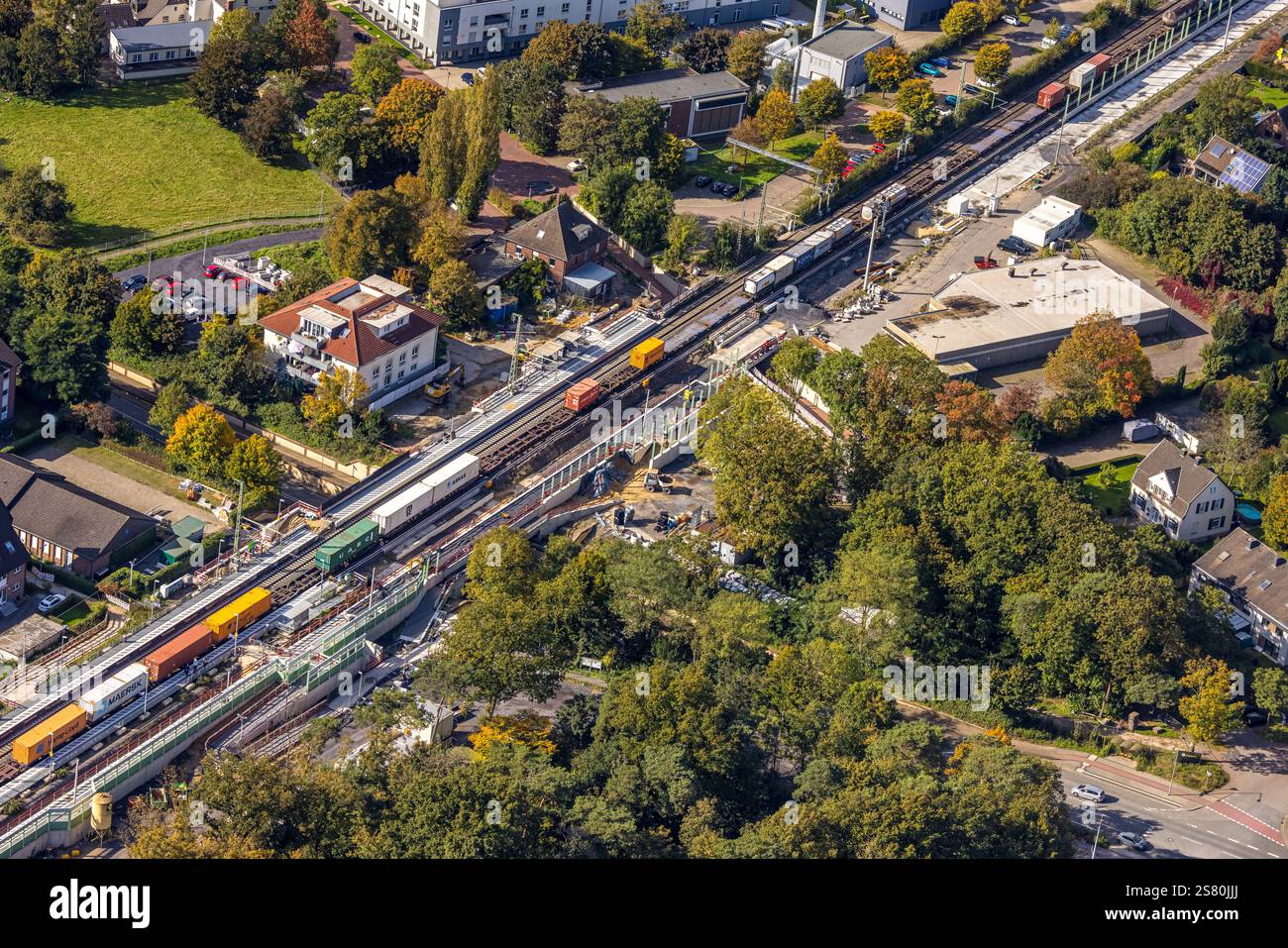 Aerial view, Voerde main station, Steinstrasse bridge construction site ...