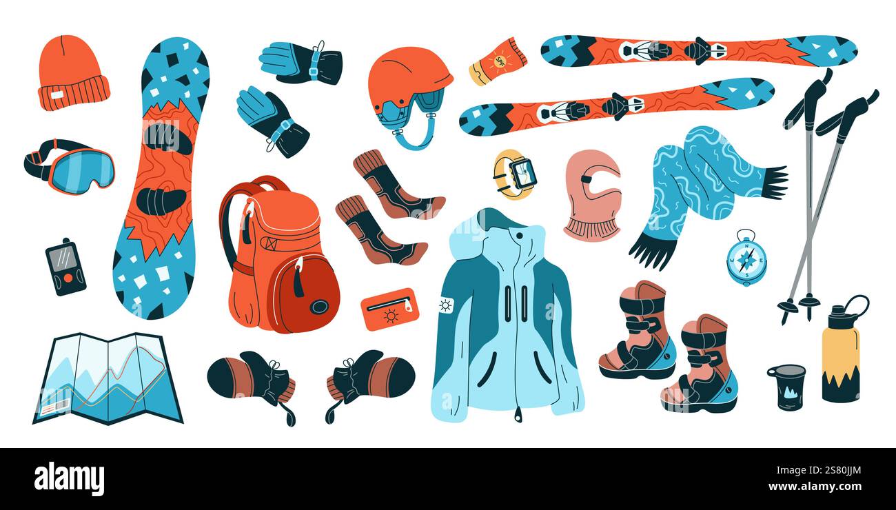 Active winter sports equipment flat color vector objects set. Clothing ...