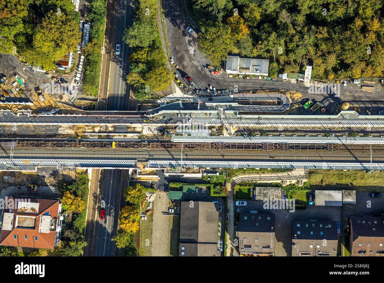 Aerial view, Voerde main station, Steinstrasse bridge construction site ...